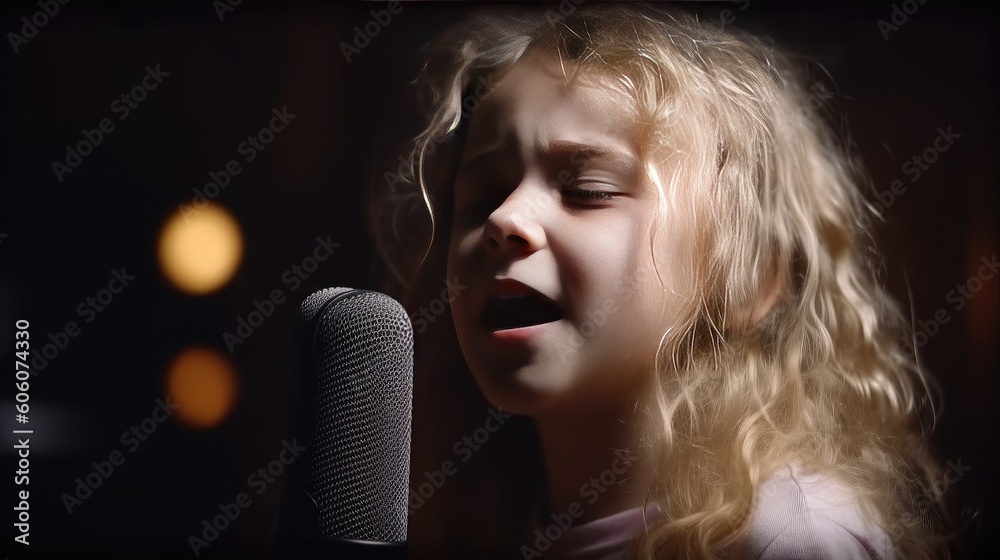 Little singer girl sing song to microphone on stage, attractive singer ...