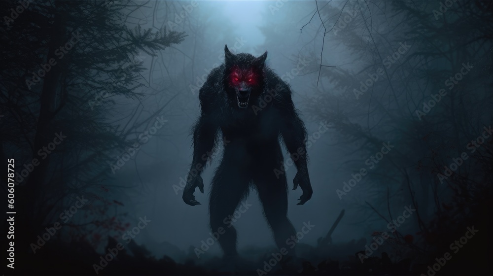 Sinister werewolf with red eyes in gloomy night forest shrouded in mist ...