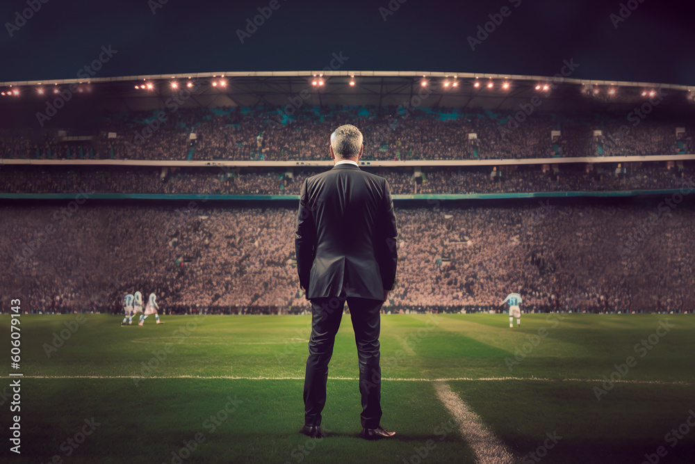Back of Football Manager in Suit Standing Against the Soccer Stadium ...