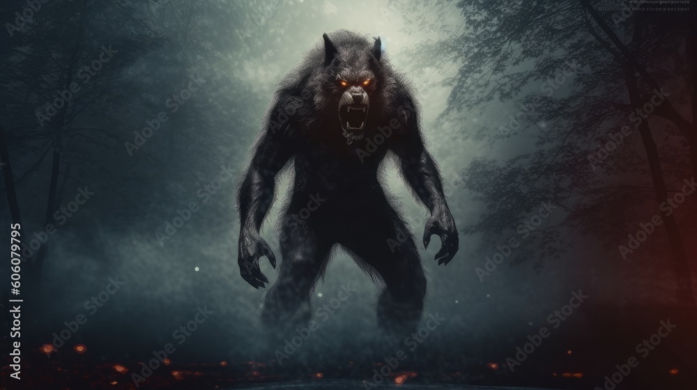 Sinister werewolf with red eyes in gloomy night forest shrouded in mist ...