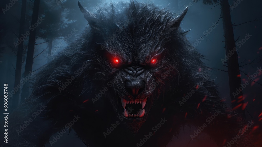 Sinister wolf shifter with red eyes in gloomy night forest shrouded in ...