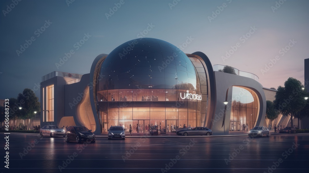 Imagine a design concept of a futuristic shopping mall exterior ...