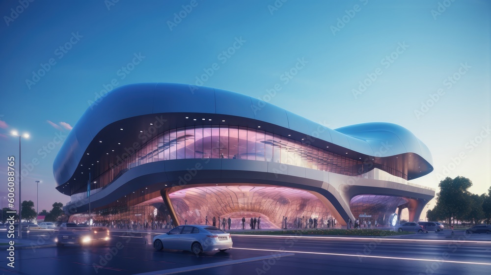 Envision a design concept of a futuristic shopping mall exterior ...