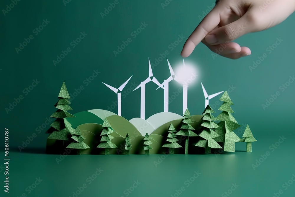 Paper art, renewable energy with green energy such as wind turbines ...