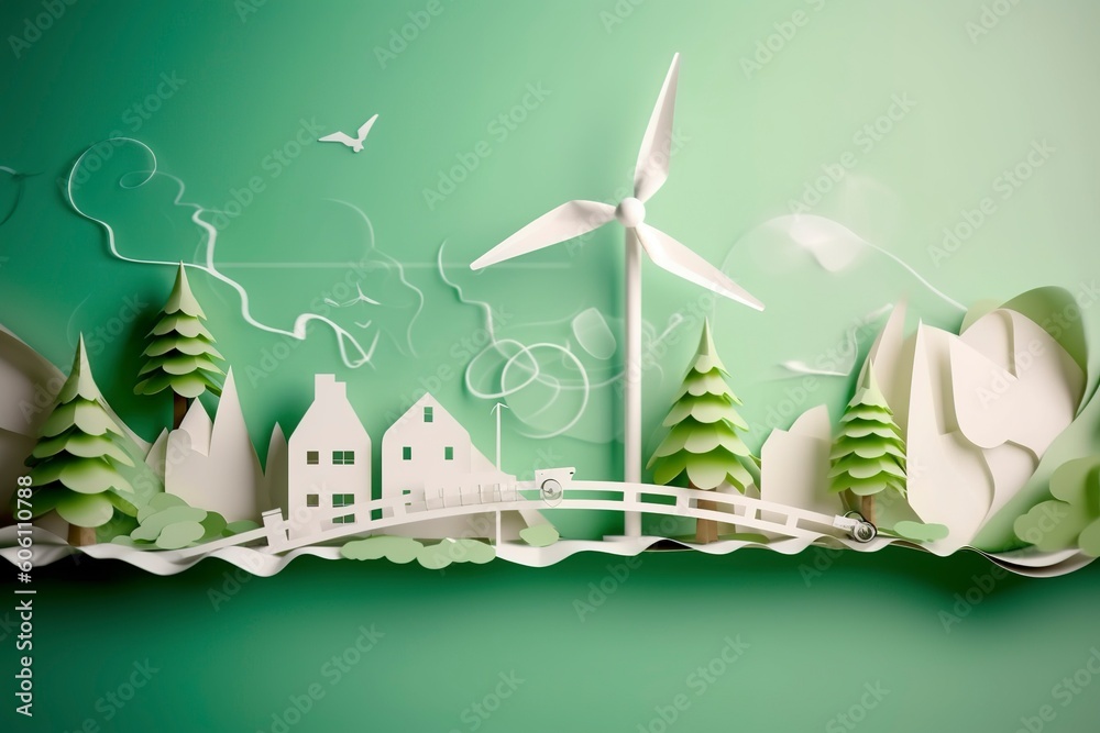 Paper art, renewable energy with green energy such as wind turbines ...