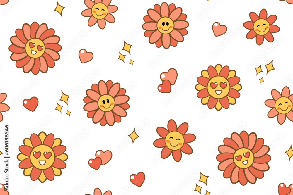 Seamless floral pattern with cute smiling red daisy flowers on white ...