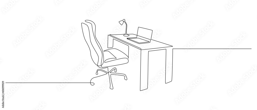 One continuous line drawing of home office interior. Modern work desk ...