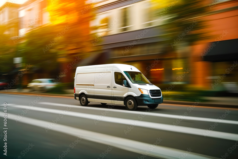 Delivery van in motion. Delivery car in its way. Cargo van driving ...