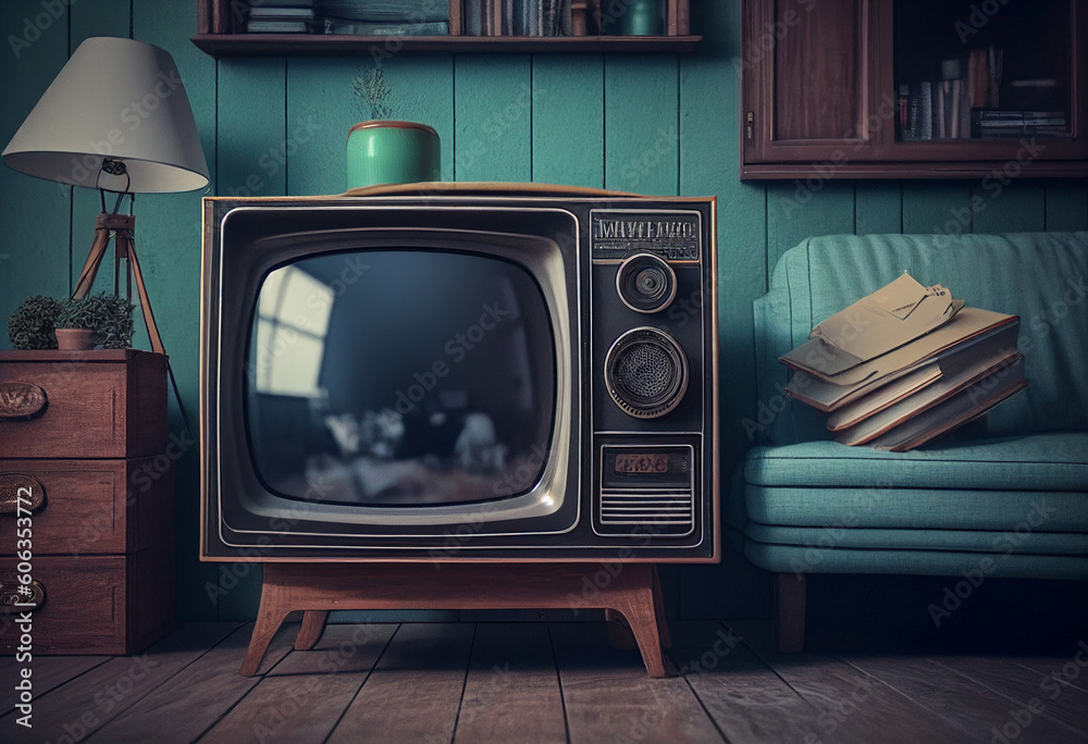 Retro television from the 60s, old fashioned vintage living room ...