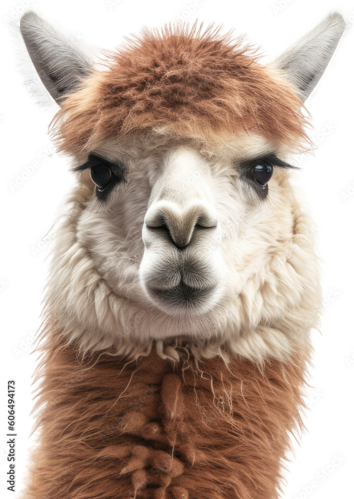 close up portrait of an alpaca isolated on white or transparent ...