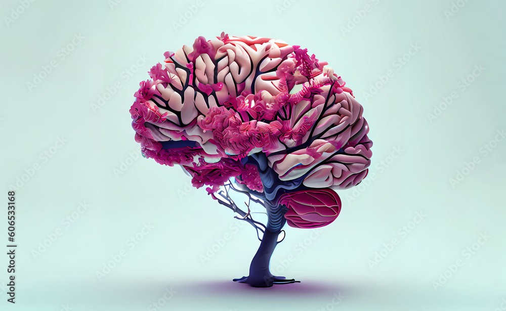 A realistic human brain merged with a vibrant cherry blossom tree ...