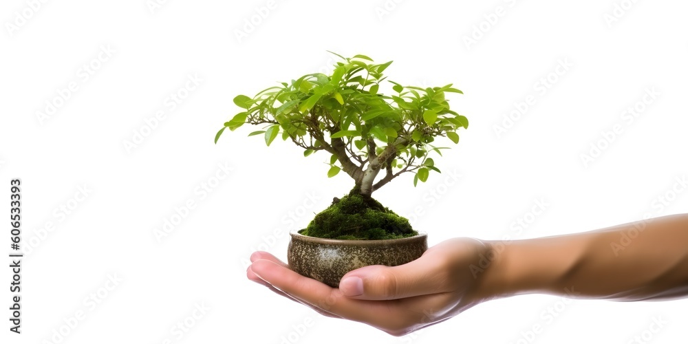 Youngman hands holding a small tree isolated on white background ...