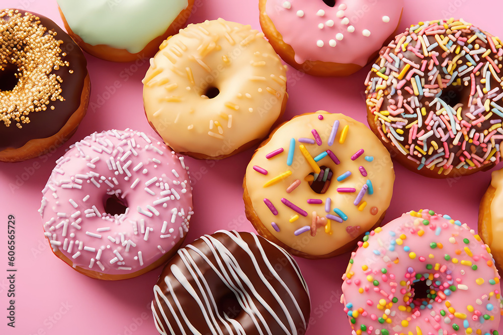 Top view of sweet delicious vanilla doughnuts with colored glaze ...