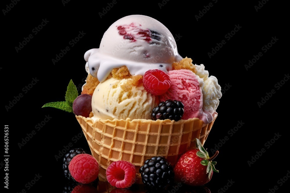 ice cream with cone mix fruits topping Cinematic Editorial Food ...