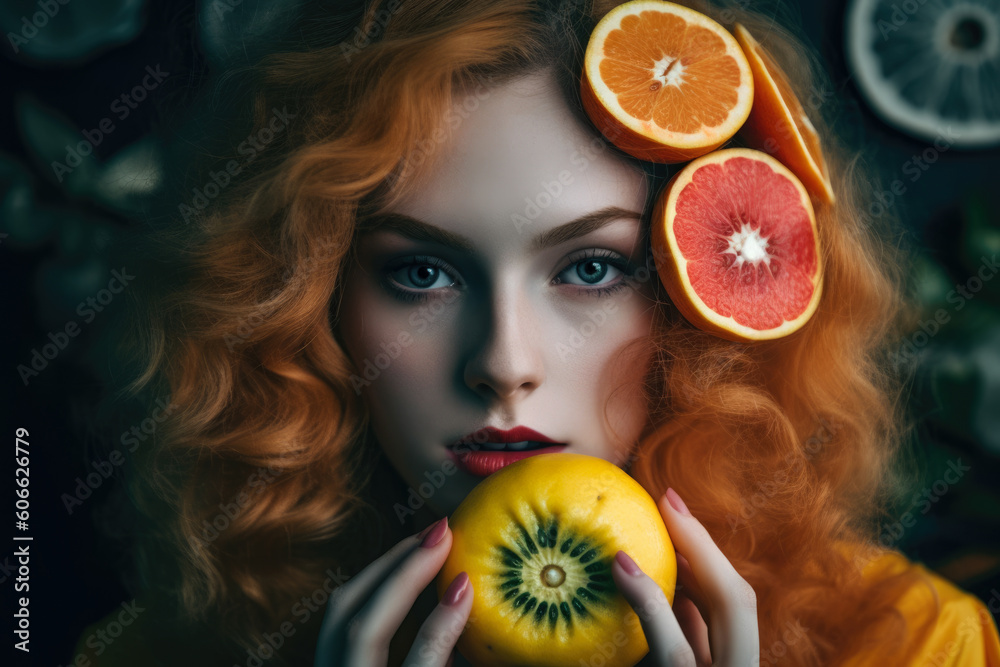 Captivating portrait of a woman with a Kei apple sliced in half ...
