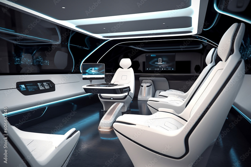 White driverless car interior with futuristic dashboard for autonomous ...