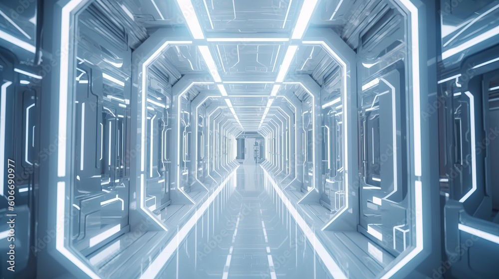 Inside narrow abstract bright white Tron corridor with square shapes ...