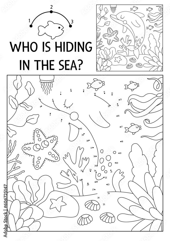 Vector dot-to-dot and color activity with cute dolphin hidden in ...