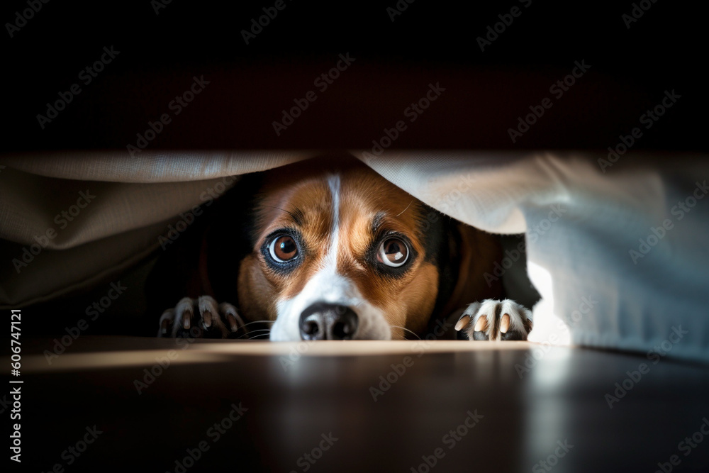 Scared dog hiding under bed. Stock Illustration | Adobe Stock