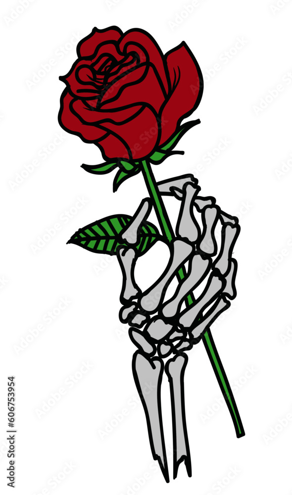 Skeleton hand holding rose tattoo hand-drawing Stock Vector | Adobe Stock
