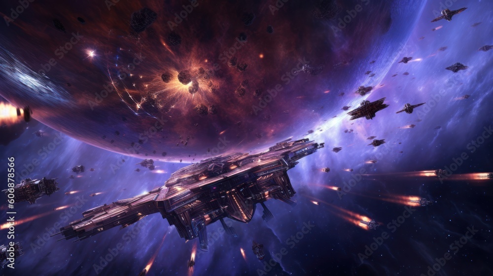 Epic space battle between starships, with laser beams, explosions, and ...