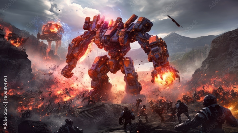 Epic clash between colossal mechs in a war - torn landscape, with ...