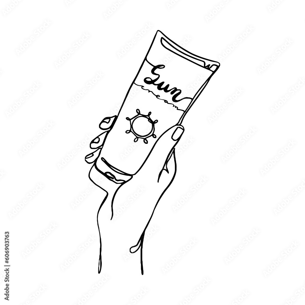 One continuous line drawing of a hand holding a cosmetic tube. Summer ...