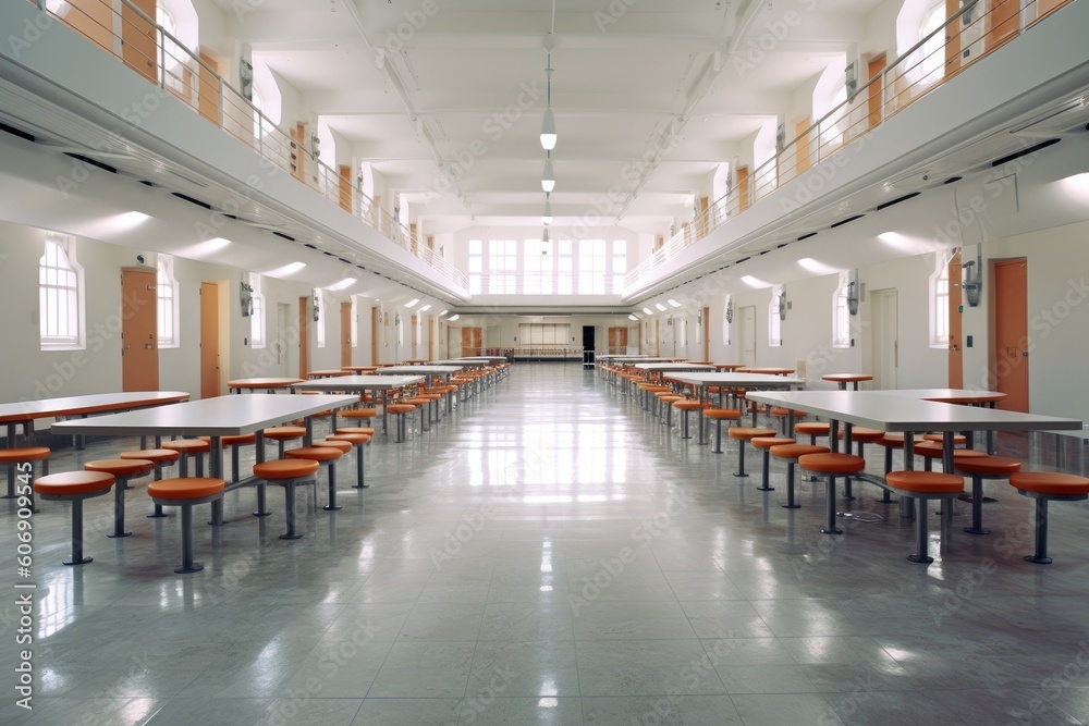 A prison cafeteria with long tables and institutional-style seating ...