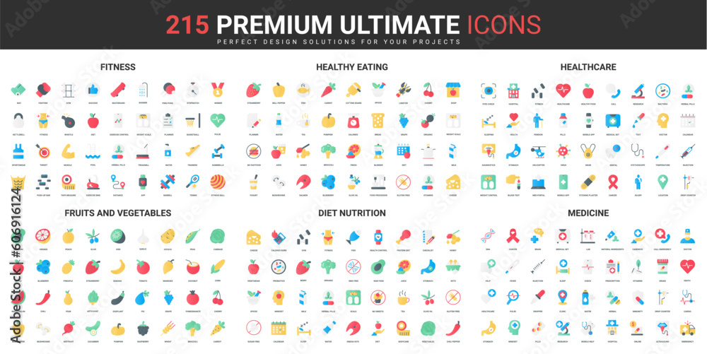 Fitness, healthy eating, medicine color flat icons set vector ...