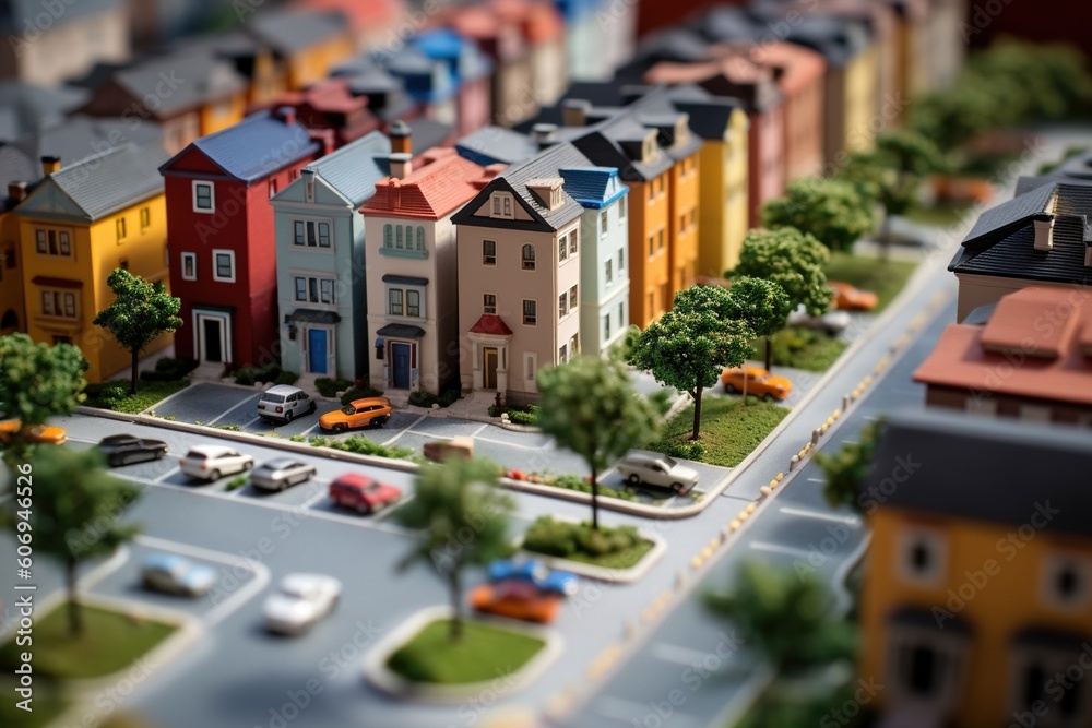 A townhouse neighborhood is depicted in a modern, generic, and ...