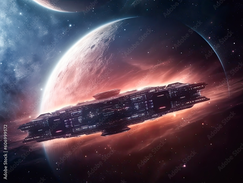 A spaceship entering a black whole, worm hole, space hole. A giant ...