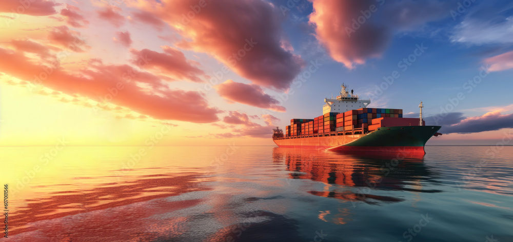 Container ship in the open ocean. Cargo transportation. Place for text ...