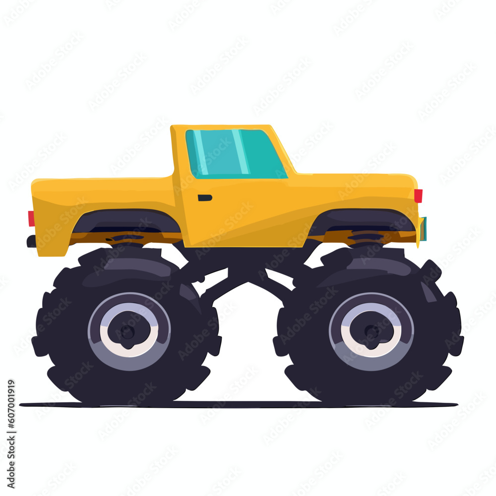 Yellow monster truck kids drawing wall clipart - flat vector art Stock ...