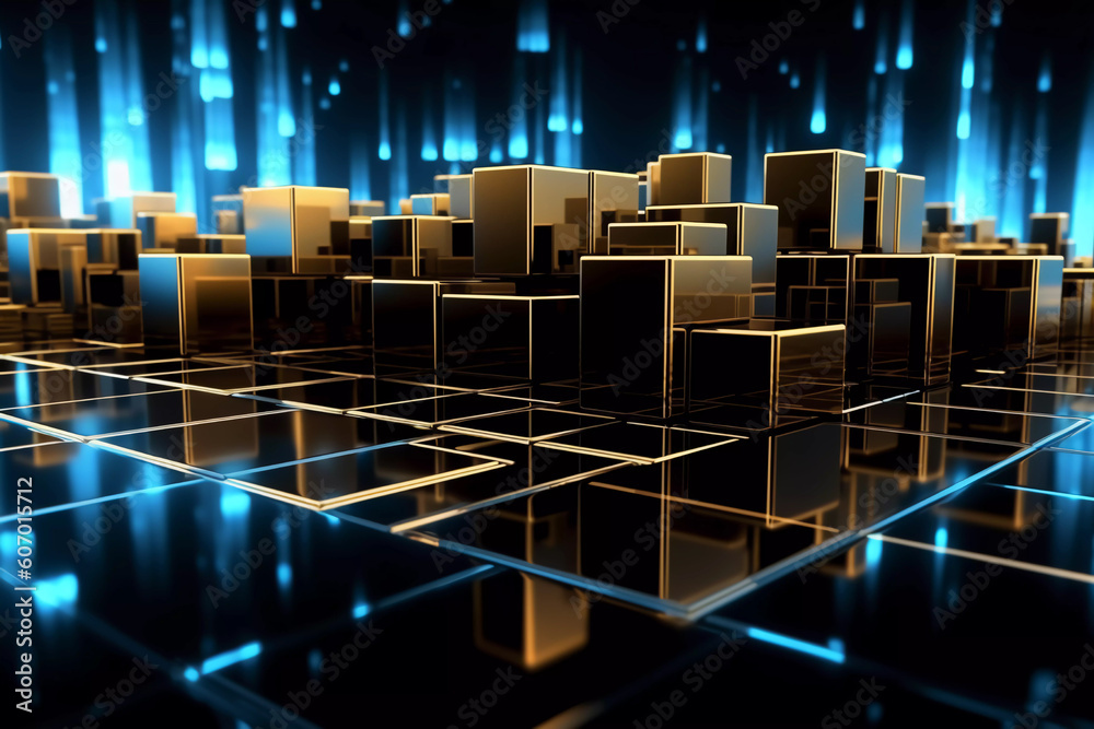 digitally animated background lighted blocks and lights, intertwined ...