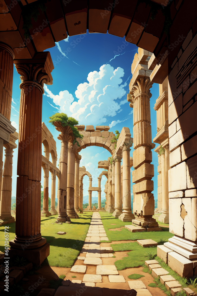 Roman forum ruins, Colorful Cartoon-Realistic Style, Children's Book ...