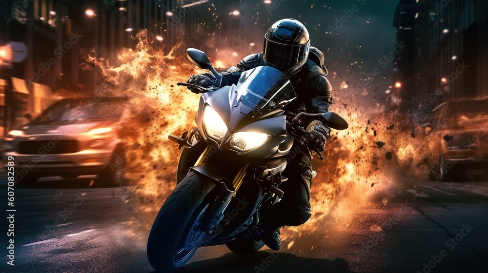 Motorcycle chase, epic scene from action movie, hero on motorbike ...