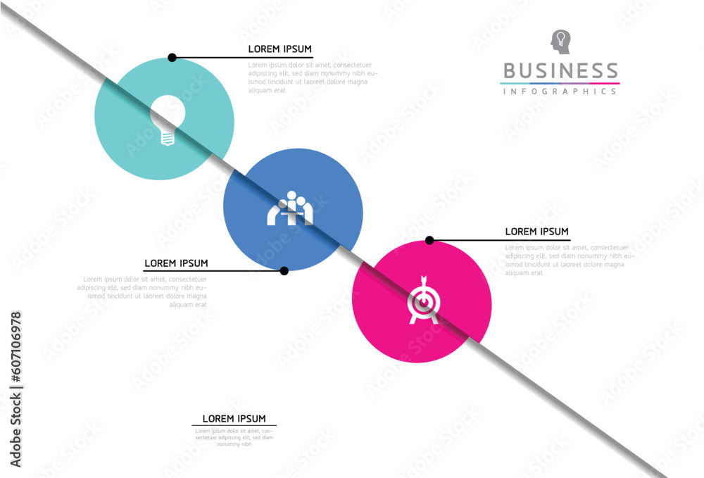Vector infographic business presentation timeline template with circular interconnection with 3 ...