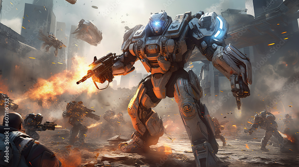 game characters. Action scene with soldiers in armor at war against ...