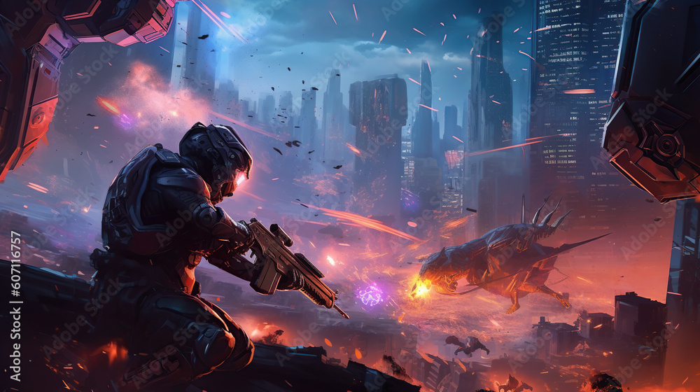 game characters. Action scene with soldiers in armor at war against ...