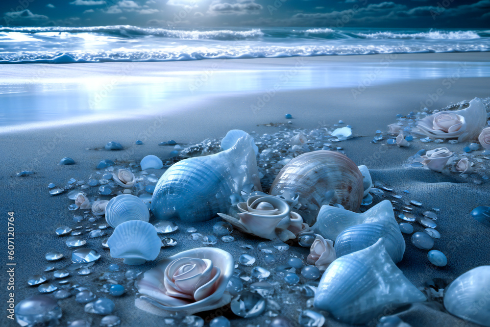 Dream landscape on a sandy beach with shells, flowers, pearls and ...