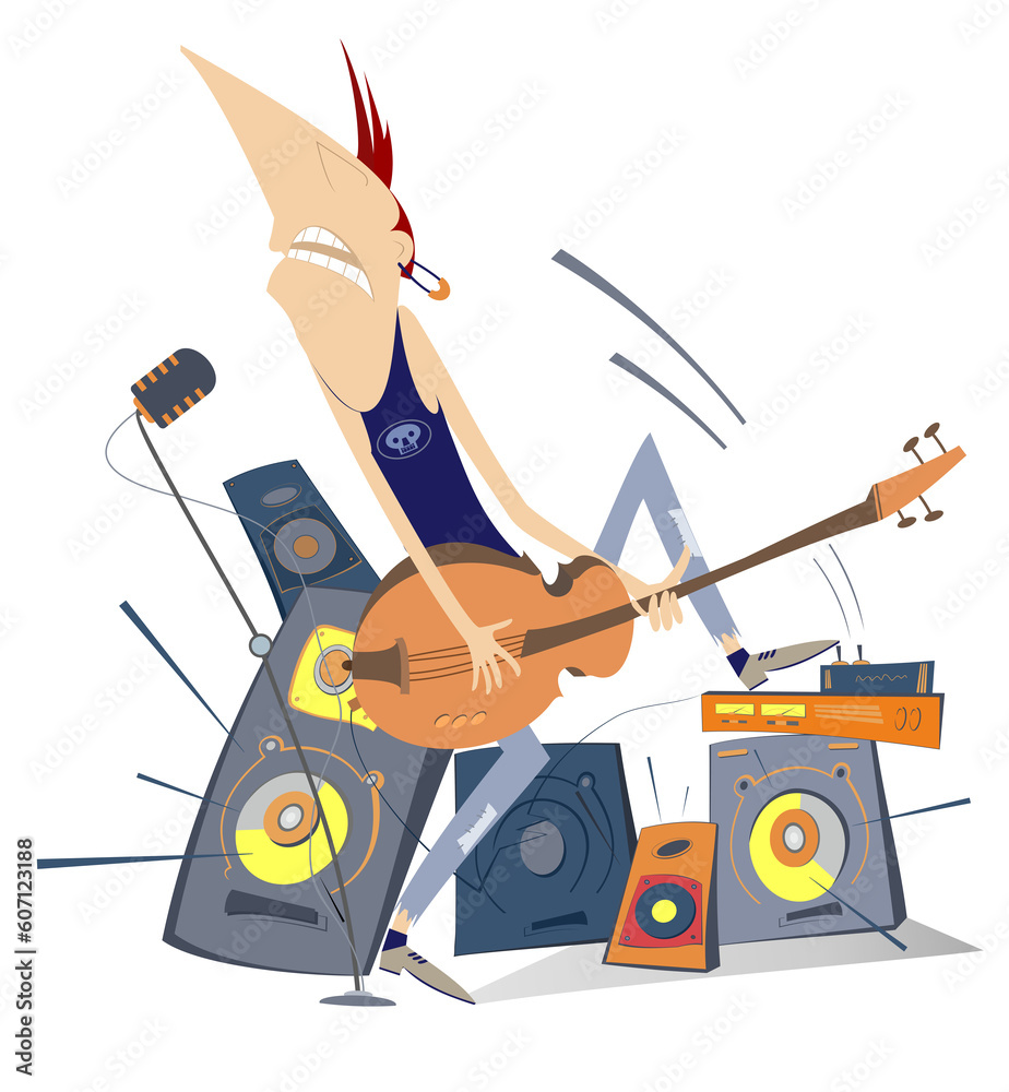 Cartoon singing guitar player. Funny guitarist plays electric guitar ...