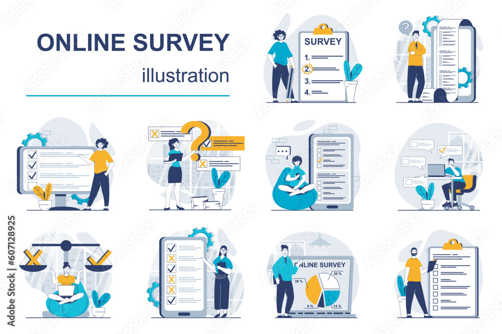 Online survey concept with character situations mega set. Bundle of ...