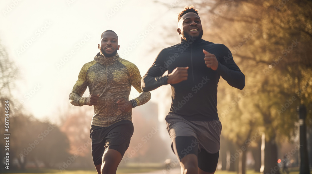 Two black men morning jogging in park sunlight, smiling friends men ...