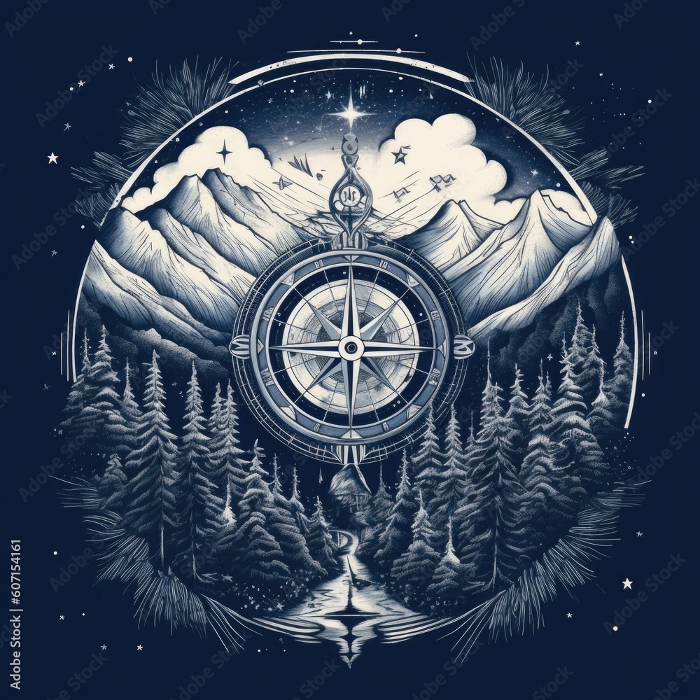 Wind rose compass with mountain border, travel drawing template, ai ...