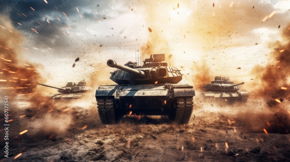 Tank battle scene with armored vehicles engaging in a fierce firefight ...