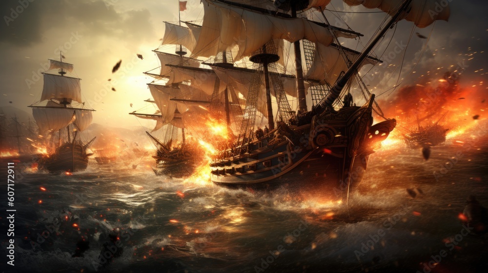 Intense naval battle scene between rival pirate ships, with cannons ...