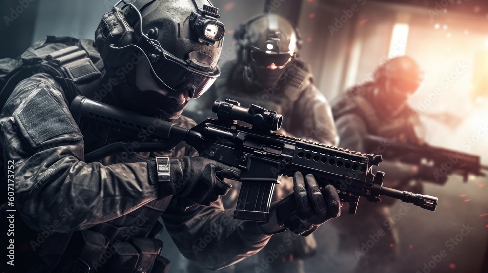 Team of elite special forces soldiers executing a covert mission behind ...