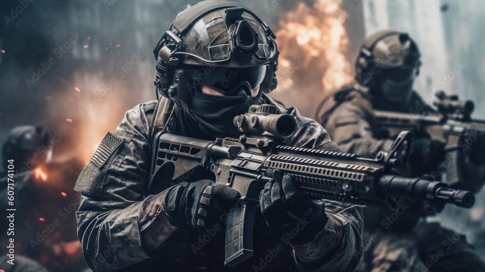 Team of elite special forces soldiers executing a covert mission behind ...