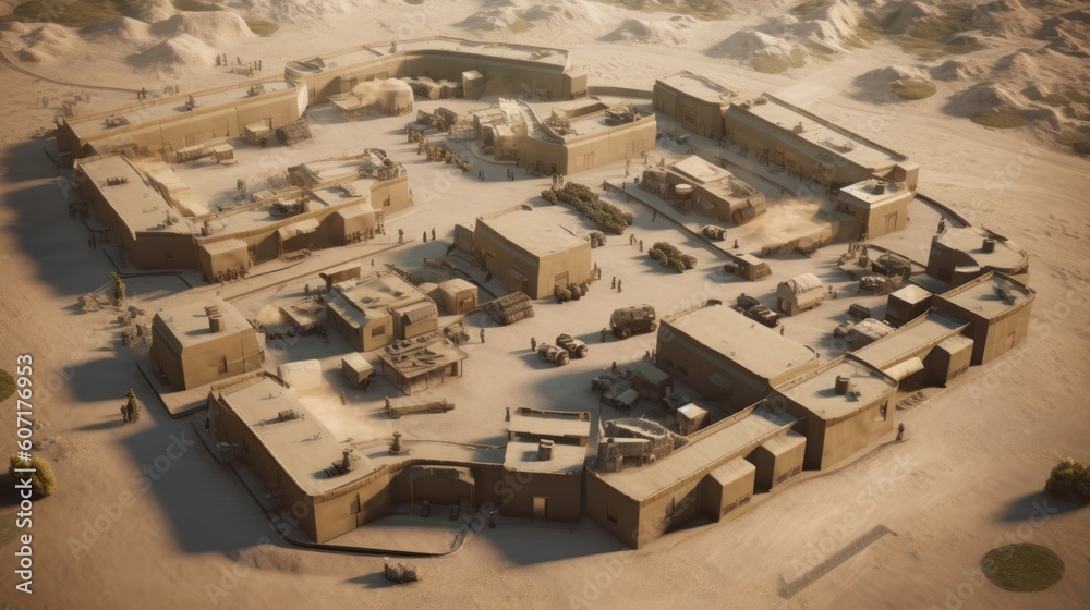 Fortified military base, complete with barracks, command centers, and ...