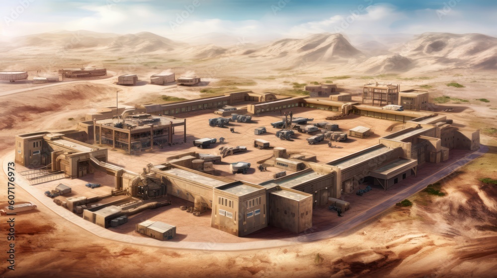 Fortified military base, complete with barracks, command centers, and ...